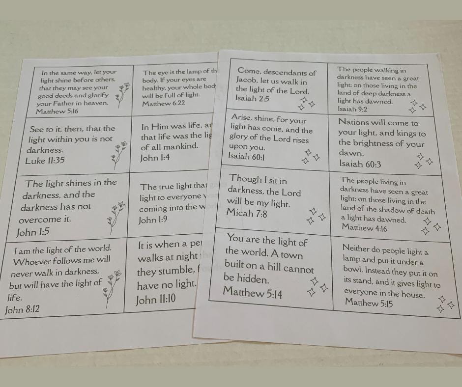 Light Themed Bible Verse Scripture Cards Set of 32 Plus Coloring Page ...