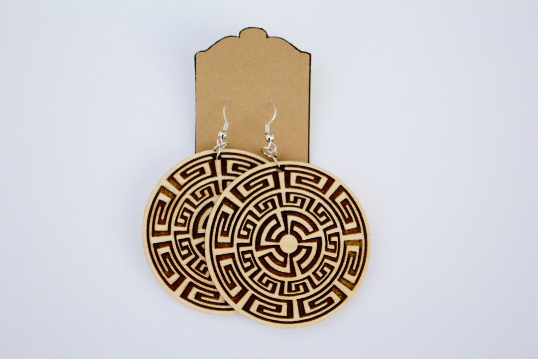Wooden Engraved Inca Mayan Mandala Earrings, Laser Cut, Rustic, Bridal ...