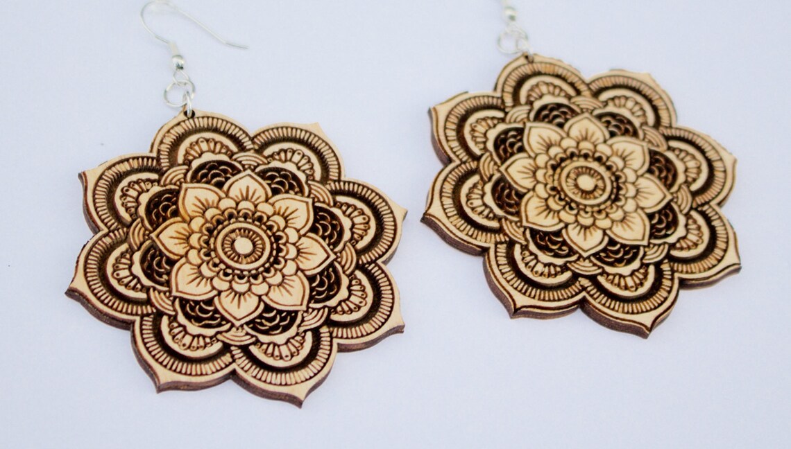 Wooden Engraved Lotus Flower Mandala Earrings Rustic Laser - Etsy