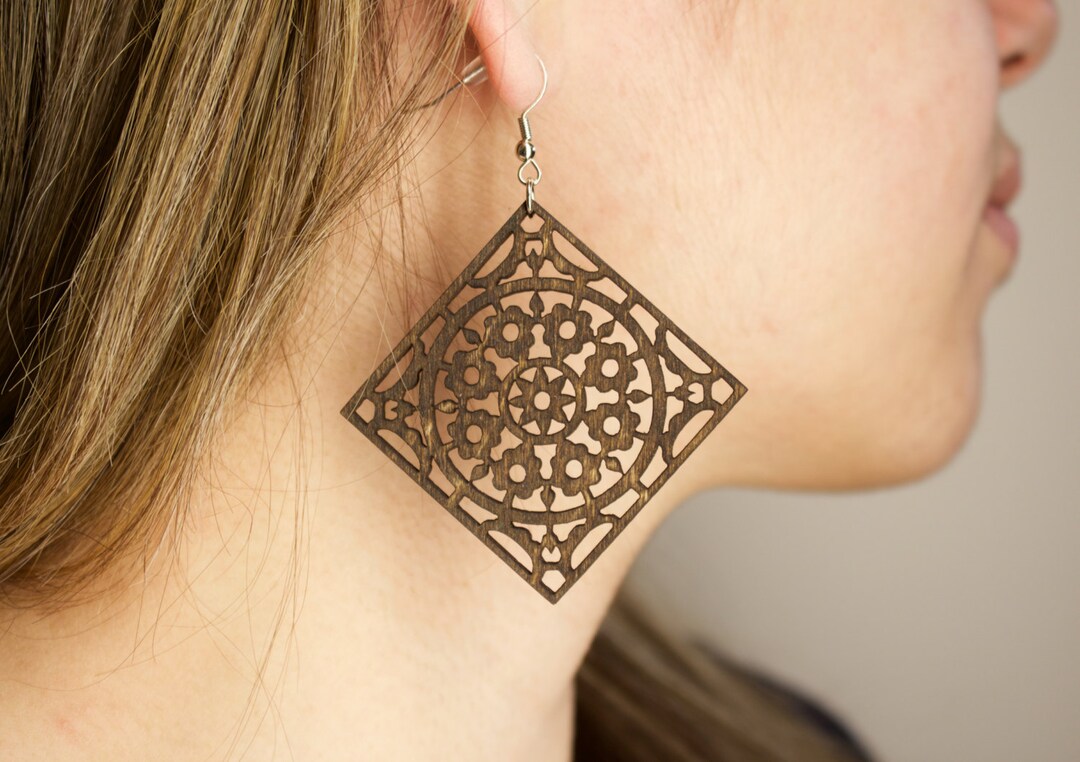 Wooden Engraved Dark Walnut Cut Out Earrings Rustic, Laser Cut, Rustic ...
