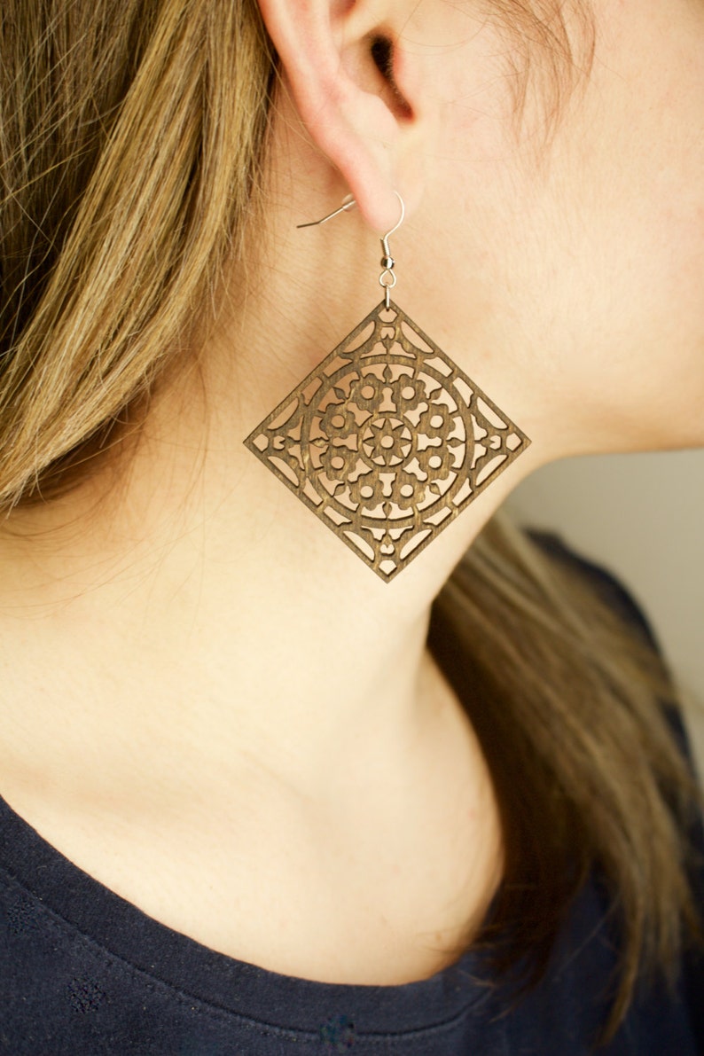 Wooden Engraved Dark Walnut Cut Out Earrings Rustic, Laser Cut, Rustic ...