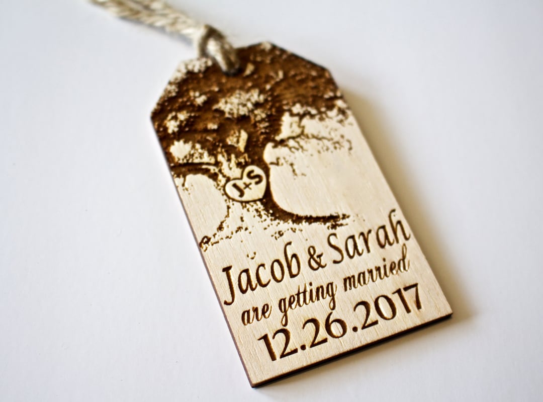 Save the Date, Wooden Hang Tag, Oak Tree, Carved Heart, Custom Engraved ...
