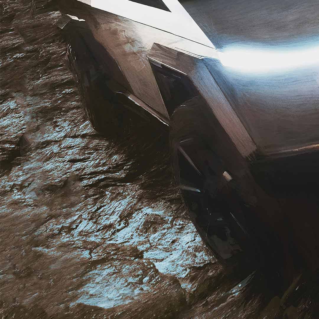 CYBRMTN Painting of Cybertruck on Top of a Mountain During a Solar ...