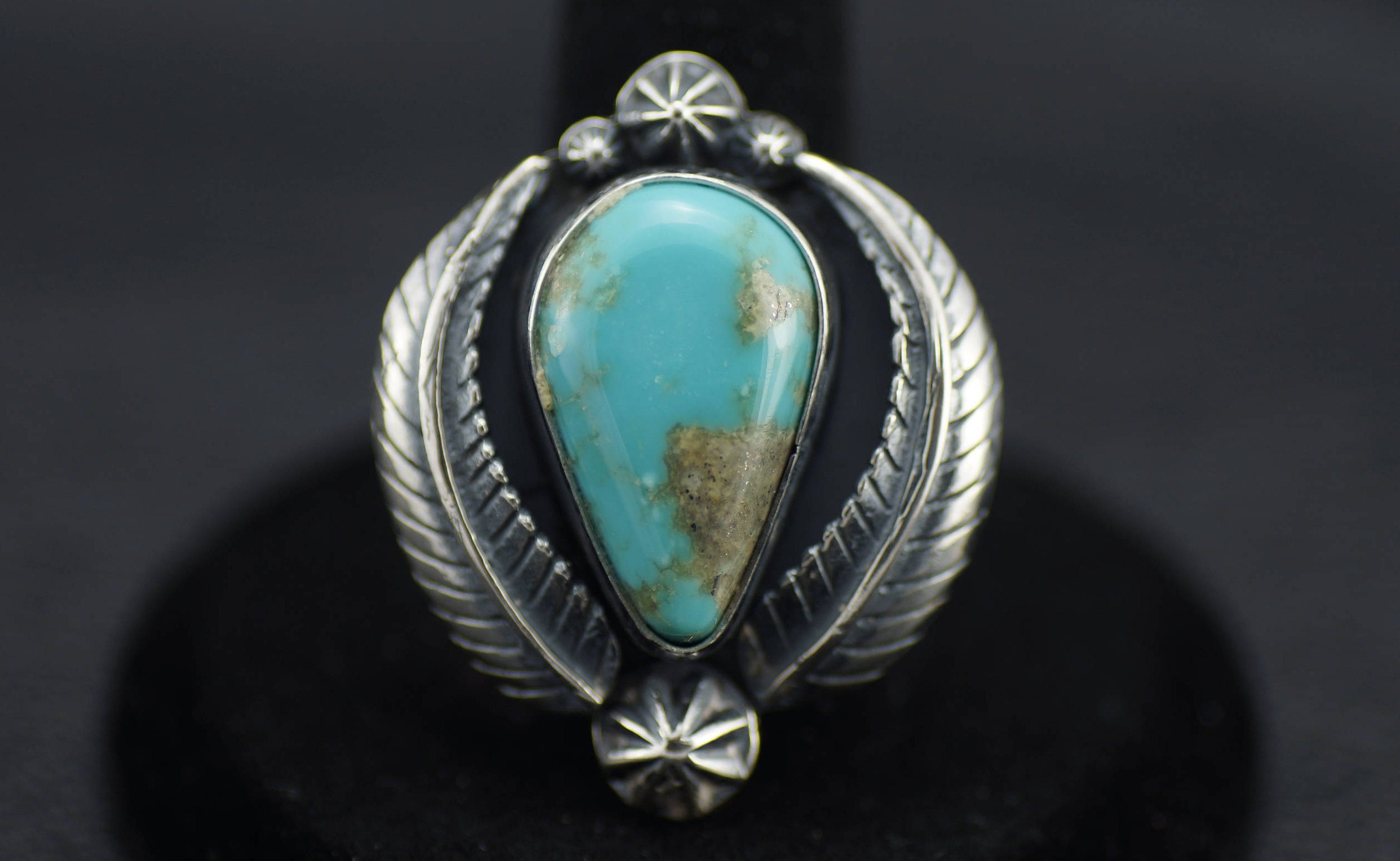 Turquoise & Sterling Silver Shadow Box Ring With Floral Band US Size 7 ...