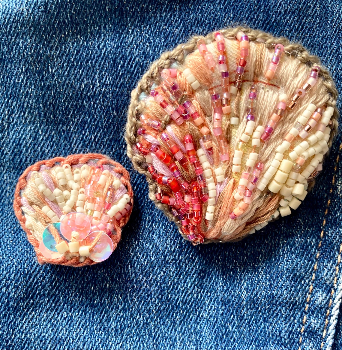 Seashell Brooch Set of 2/beaded Pin/handmade Jewelry - Etsy