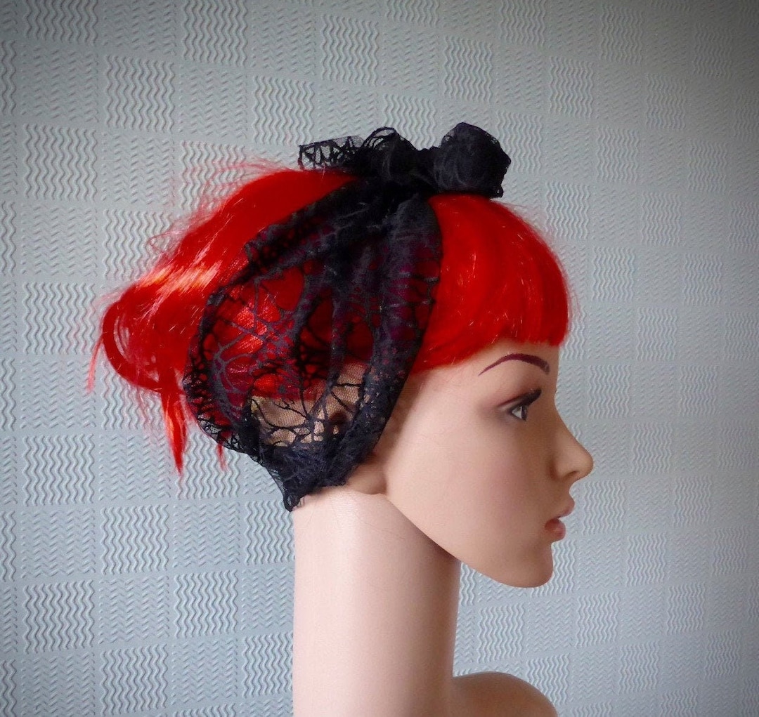 Black Lace Hair Scarf, Gothic Head Band, Spiders and Webs Tie Up, Goth ...