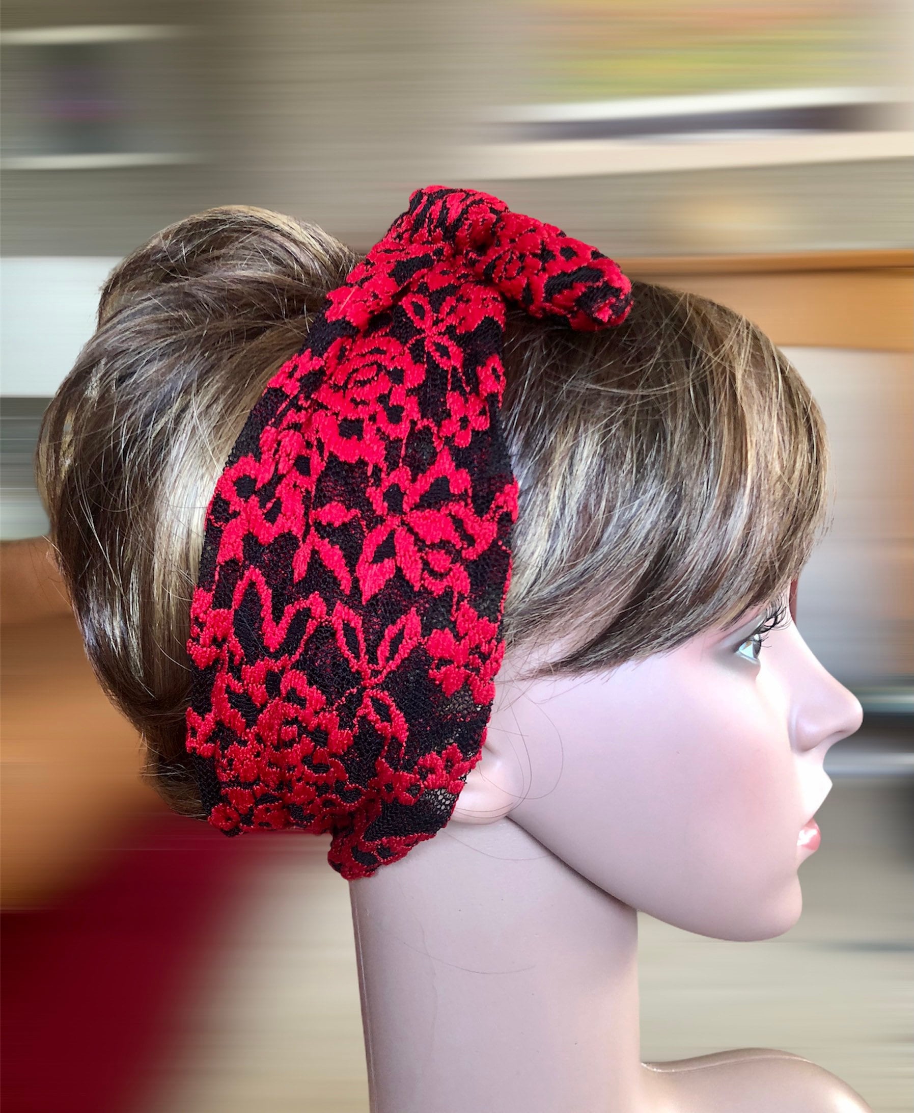 Red and Black Lace Hair Scarf, Stretch Self Tie Pin Up, Gothic Headband ...