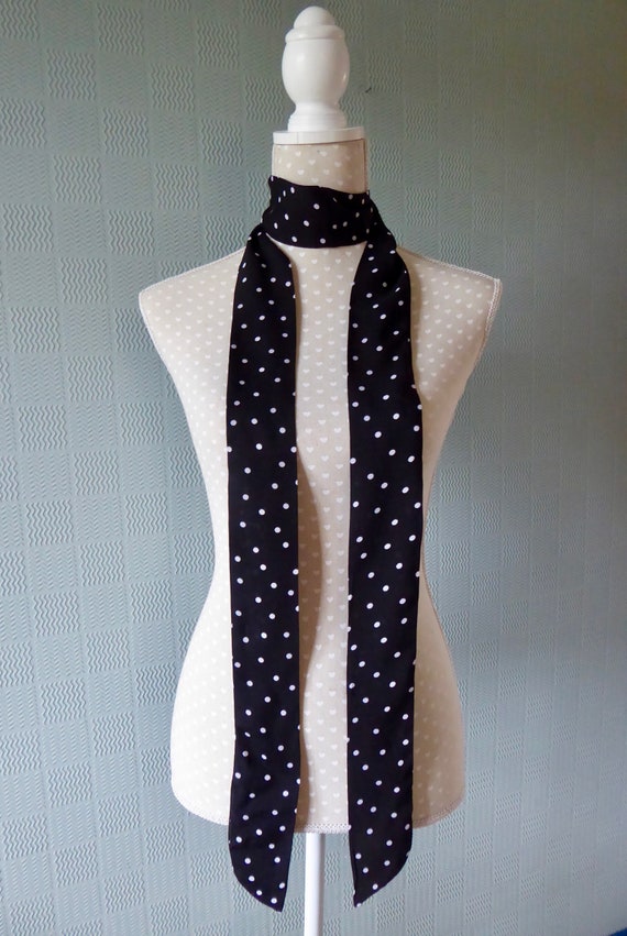 Black Polka Dot Skinny Scarf Black And White Thin Spotted Etsy