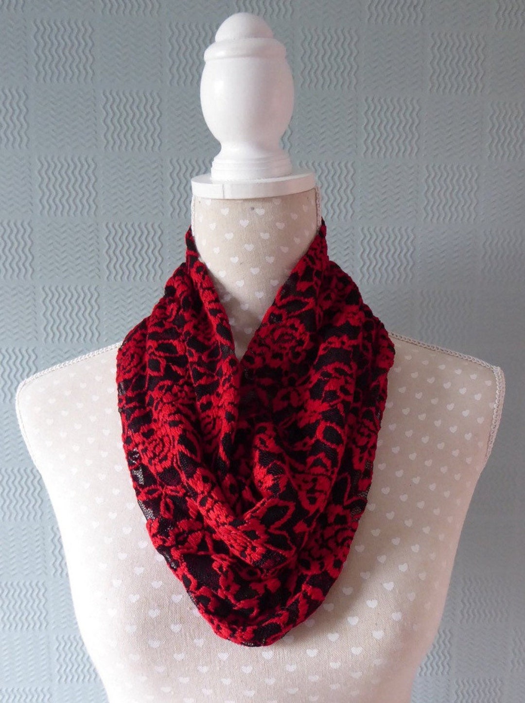 Red and Black Lace Snood, Gothic Style Cowl, Summer Snood, Single Loop ...