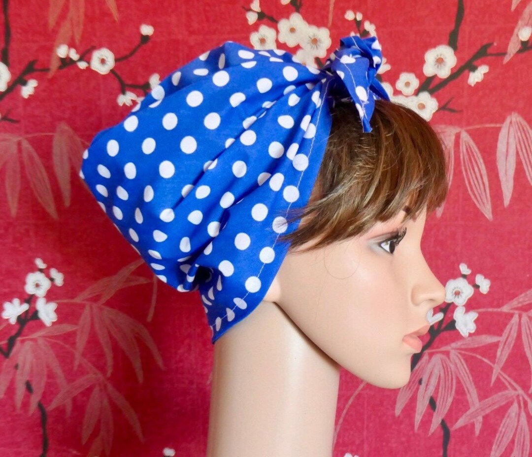 Retro Vintage Style Blue Polka Dot Hair Scarf, Rosie the Riveter Style ...