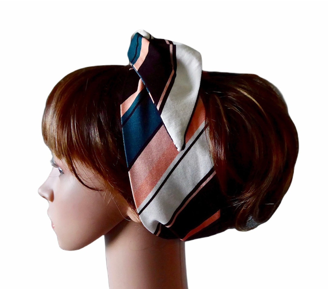 Vintage Style Pink and Blue Striped Hair Scarf, Asymmetric Headscarf ...