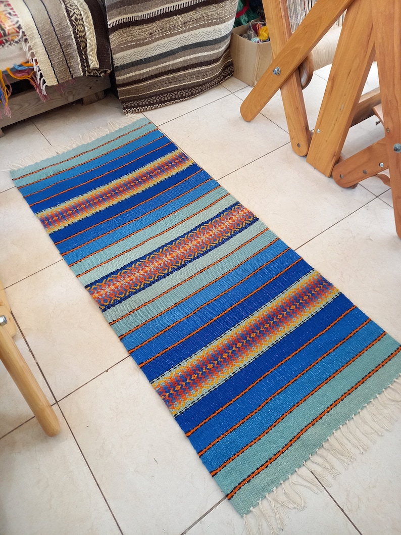 Blue Striped Rug With Yellow, Orange and Red Motifs - 5 Shades of Blue ...