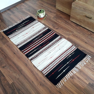 New Handwoven Black, White and Red Rug ~ Unique Handmade Rug for Your ...