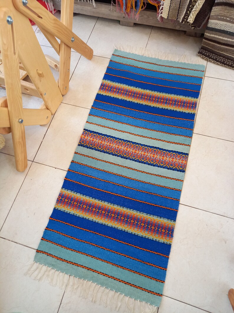 Blue Striped Rug With Yellow Orange and Red Motifs 5 Shades - Etsy