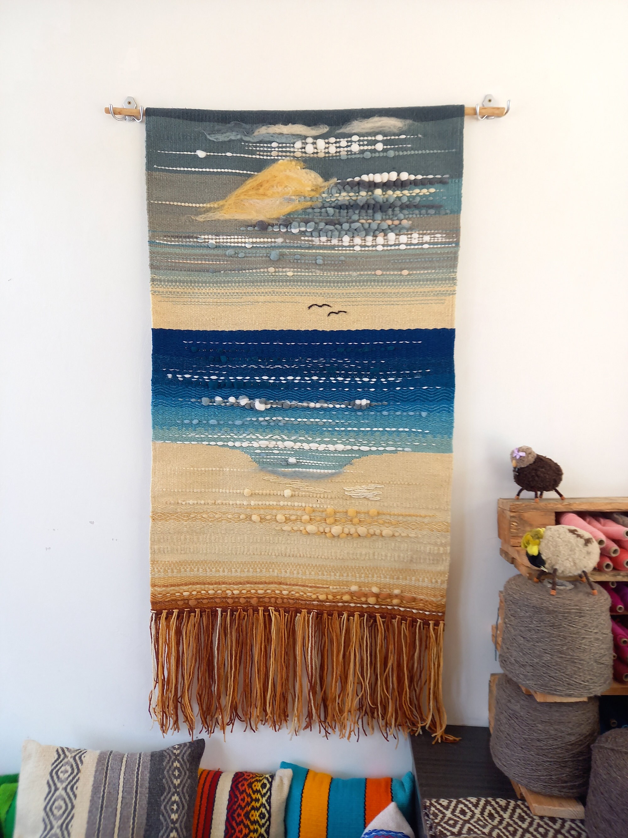 Woven wool wall tapestry Morning on the beach | Etsy