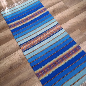 Blue Striped Rug With Yellow Orange and Red Motifs 5 Shades | Etsy