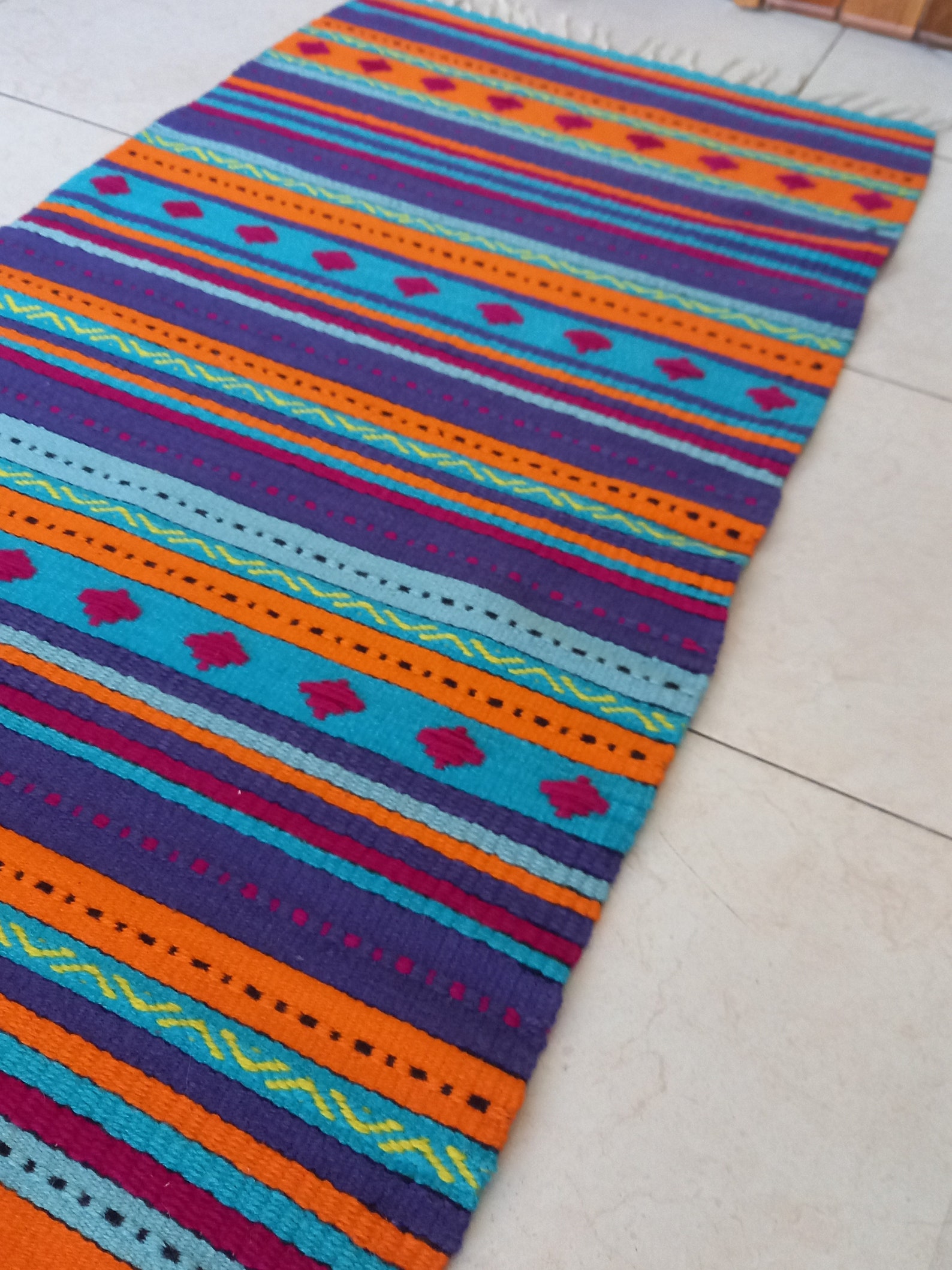 Boho Style Handwoven Wool Rug in Blue Orange and Red Colors - Etsy