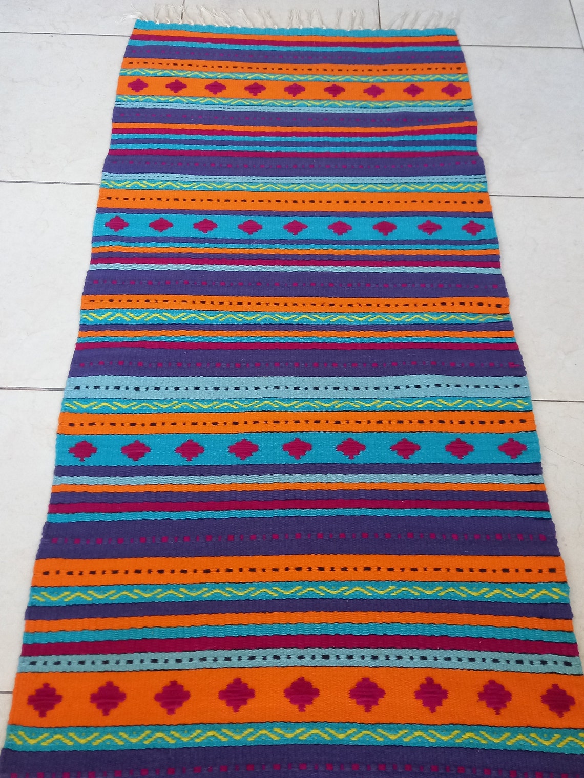 Boho Style Handwoven Wool Rug in Blue Orange and Red Colors - Etsy