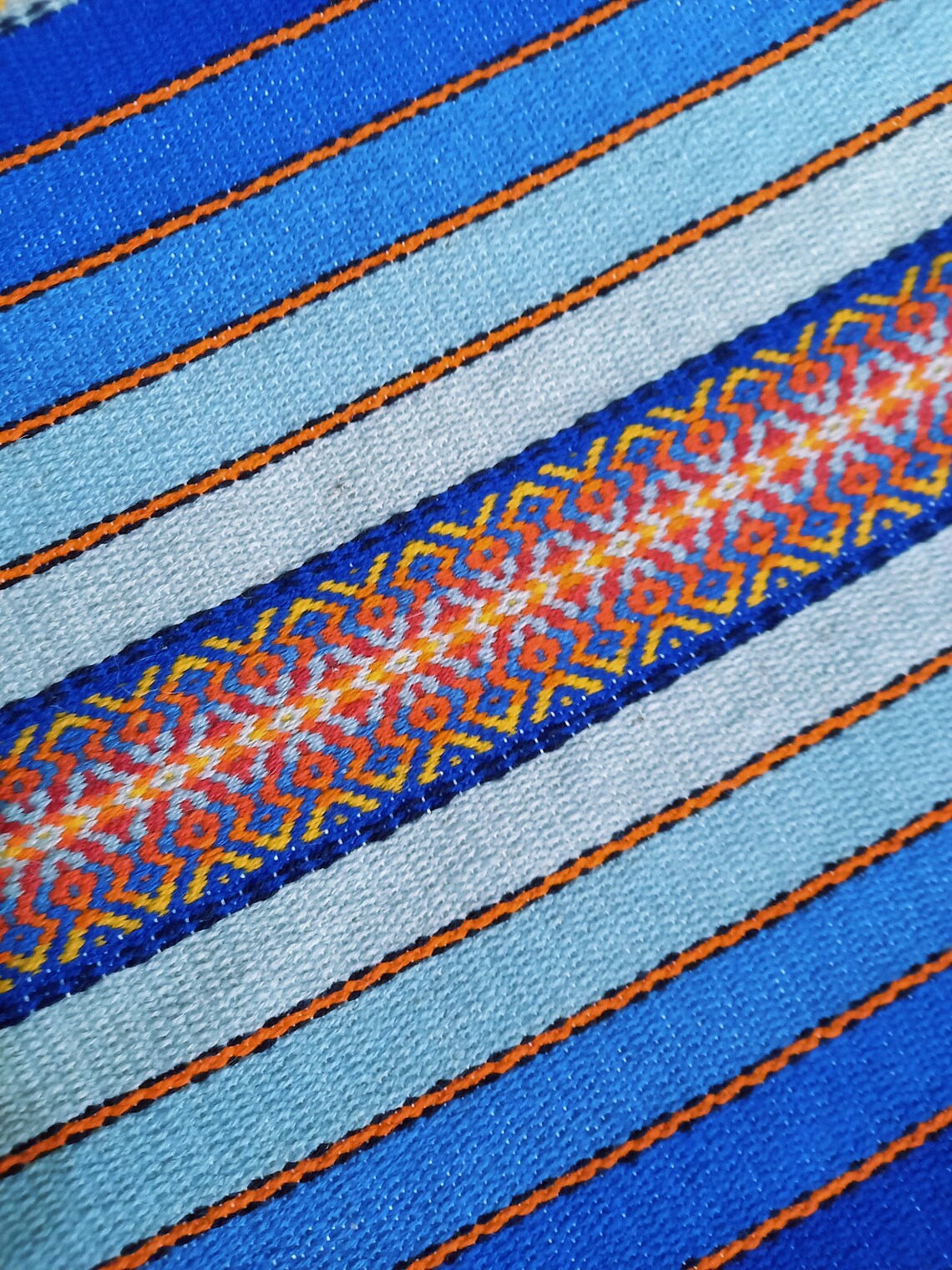 Blue Striped Rug With Yellow Orange and Red Motifs 5 Shades | Etsy