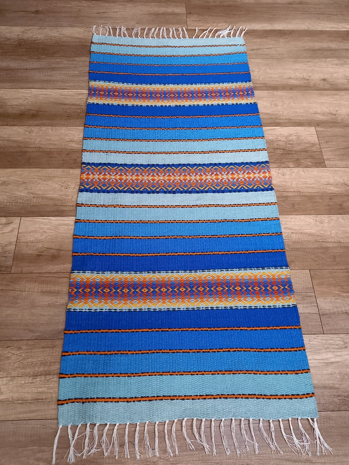 Blue Striped Rug With Yellow Orange and Red Motifs 5 Shades | Etsy