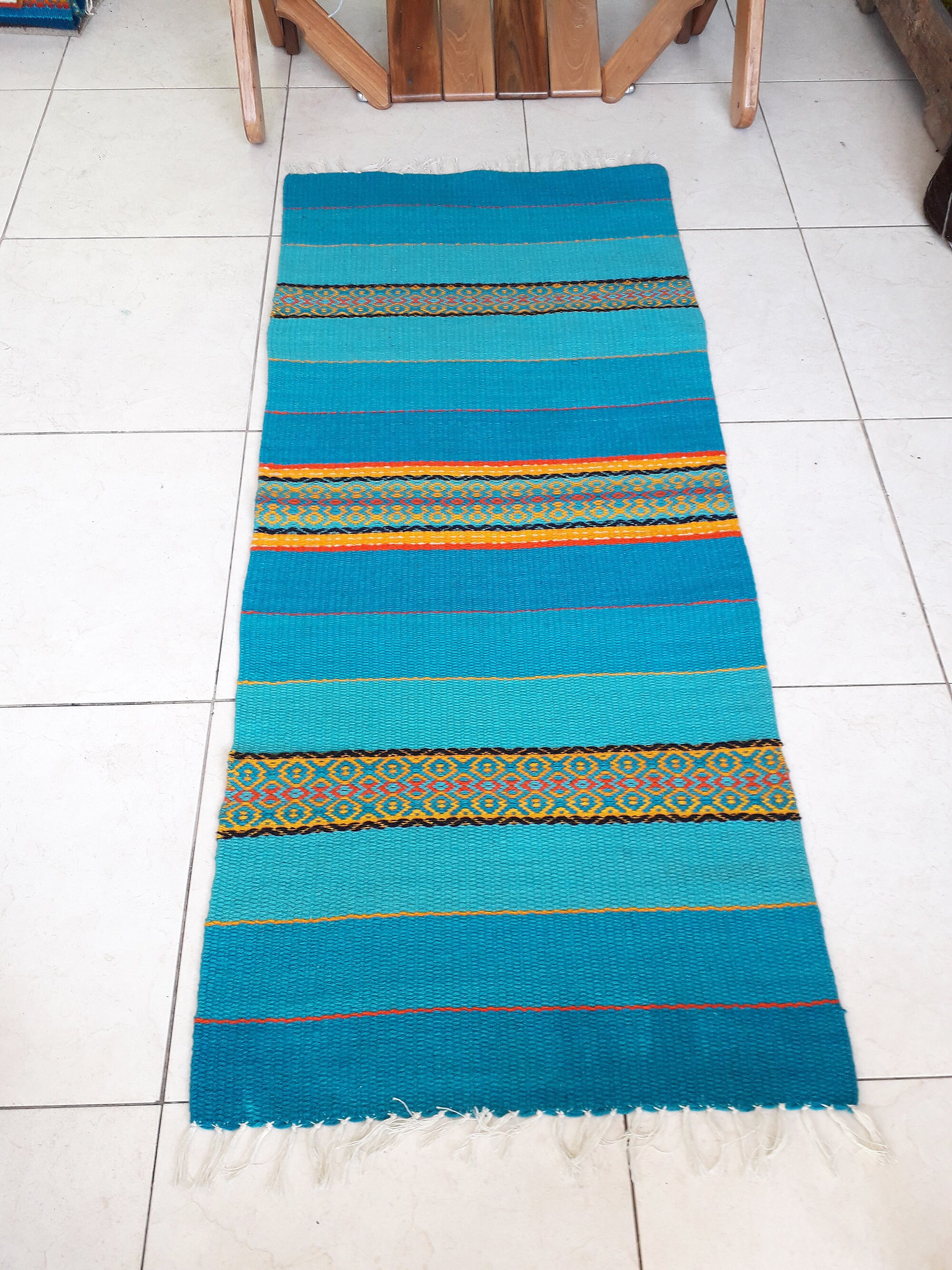 Blue striped rug with yellow orange and red motifs blue | Etsy