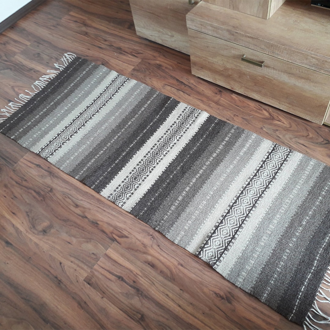 Brown and White Striped Wool Rug Runner, Fringe Rug Runner ...