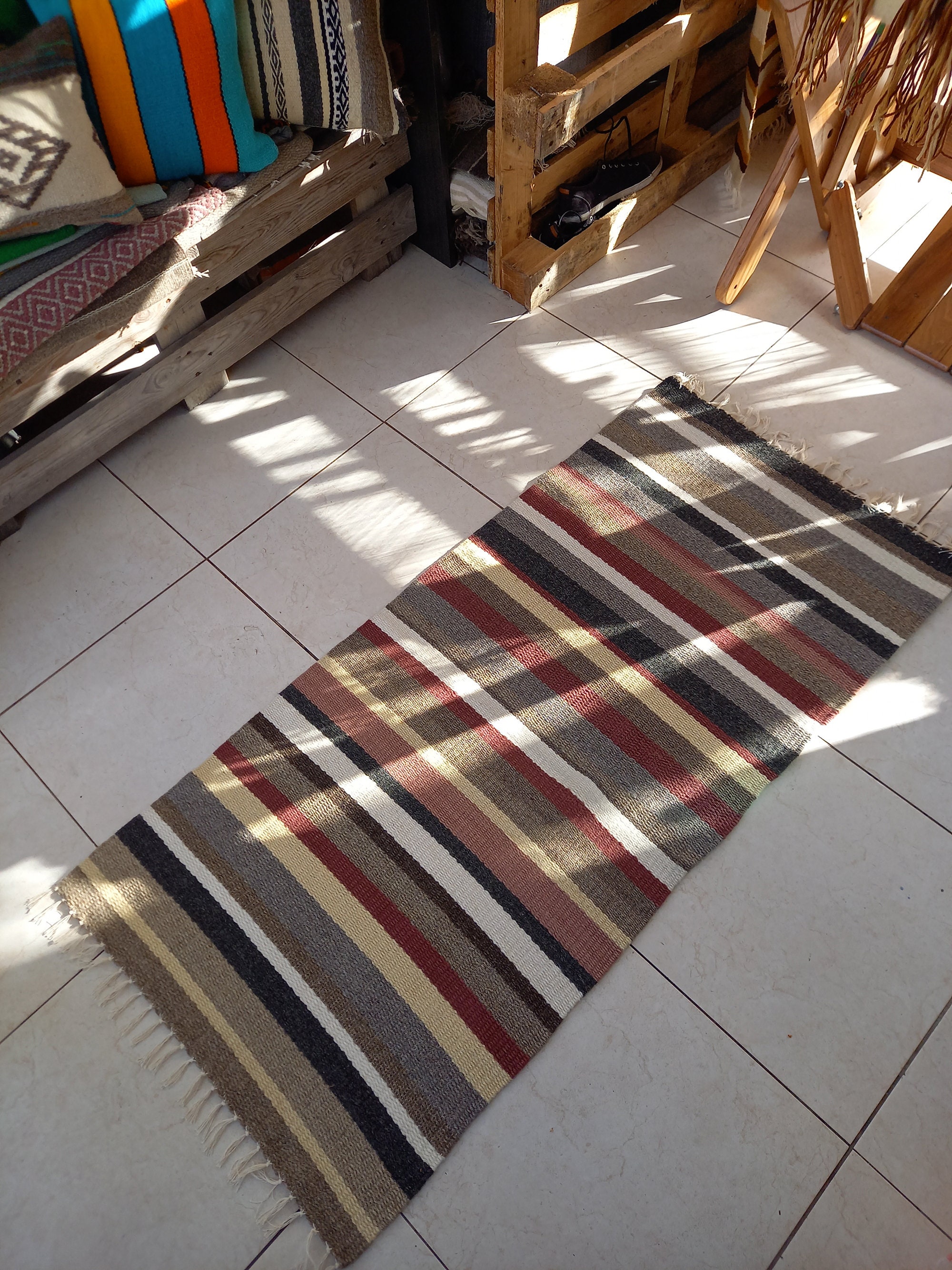 Striped Handwoven Wool Rug Runner, Scandinavian Style Rug in Natural ...