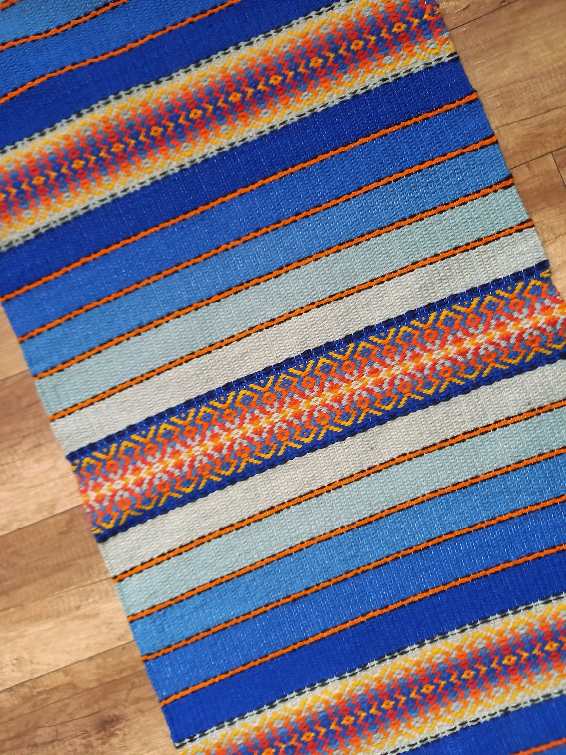 Blue Striped Rug With Yellow Orange and Red Motifs 5 Shades | Etsy