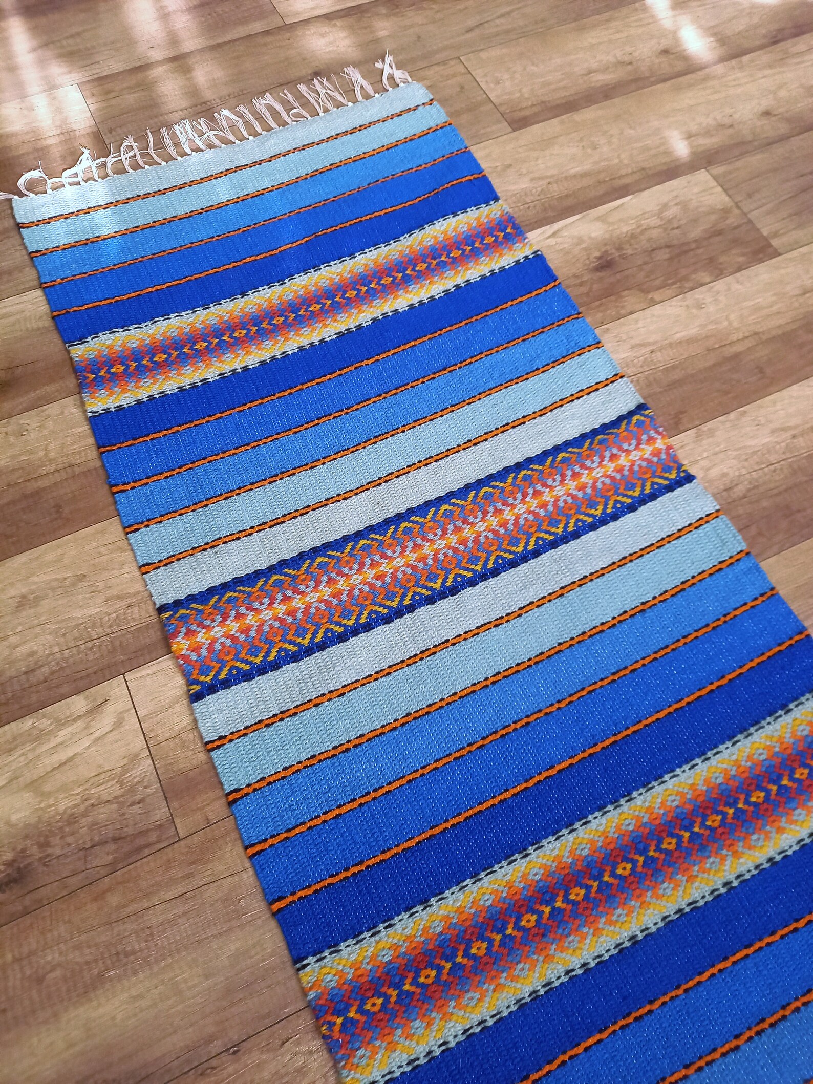Blue Striped Rug With Yellow Orange and Red Motifs 5 Shades | Etsy
