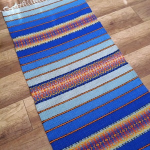 Blue Striped Rug With Yellow Orange and Red Motifs 5 Shades | Etsy
