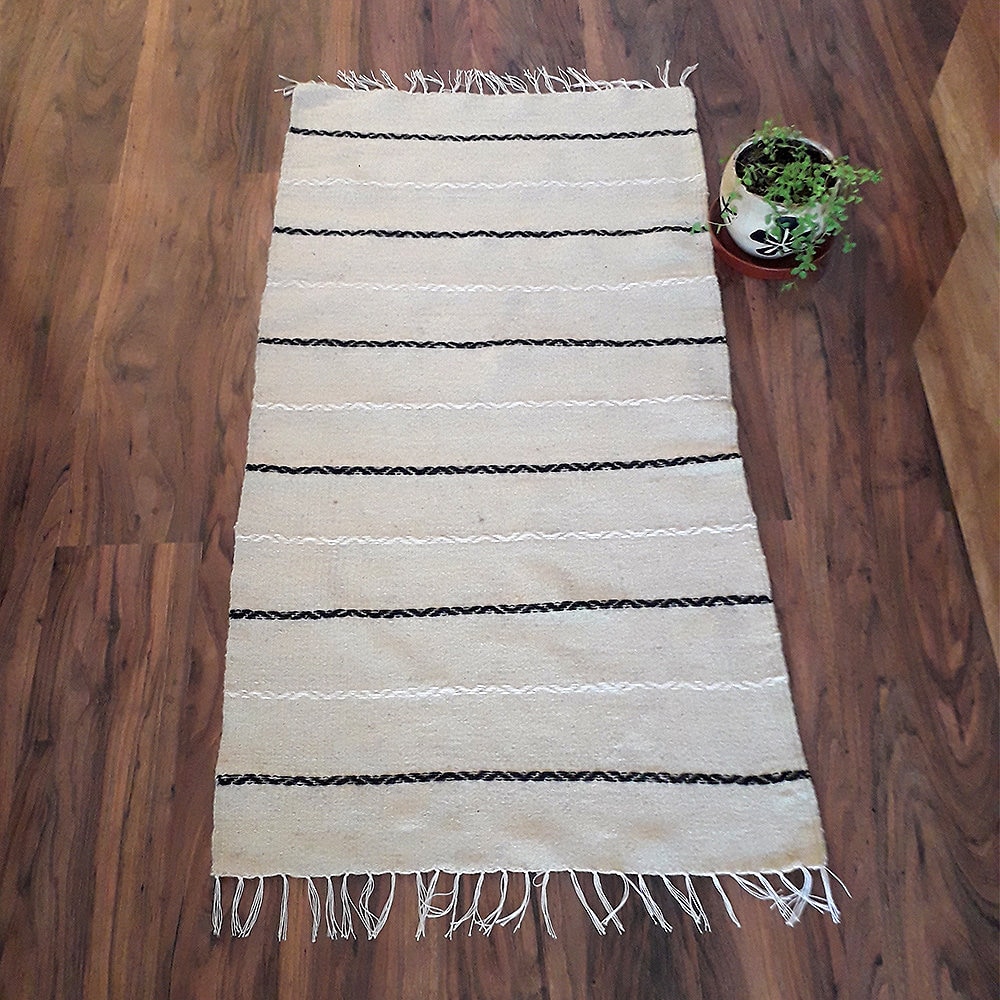 Hand Woven Wool Rug in Natural White With Snow White and Black Stripes ...