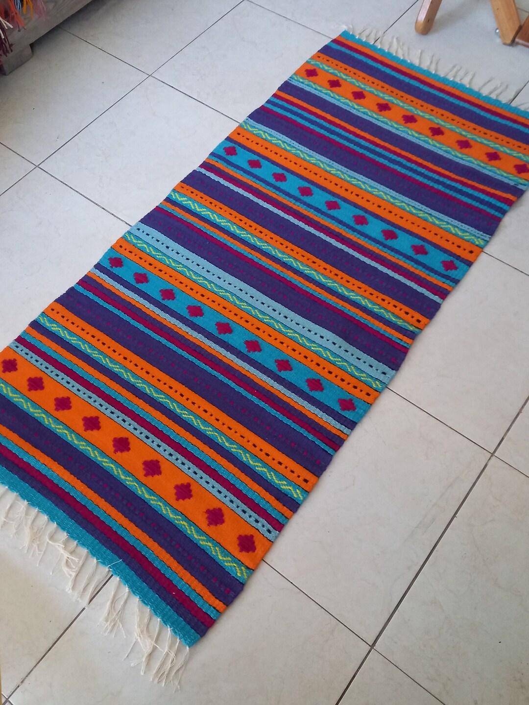Boho Style Handwoven Wool Rug in Blue, Orange and Red Colors ~ Handmade ...