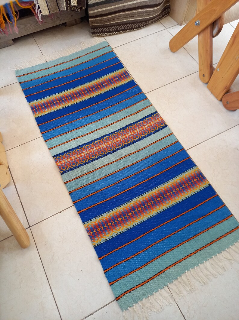 Blue Striped Rug With Yellow, Orange and Red Motifs - 5 Shades of Blue ...
