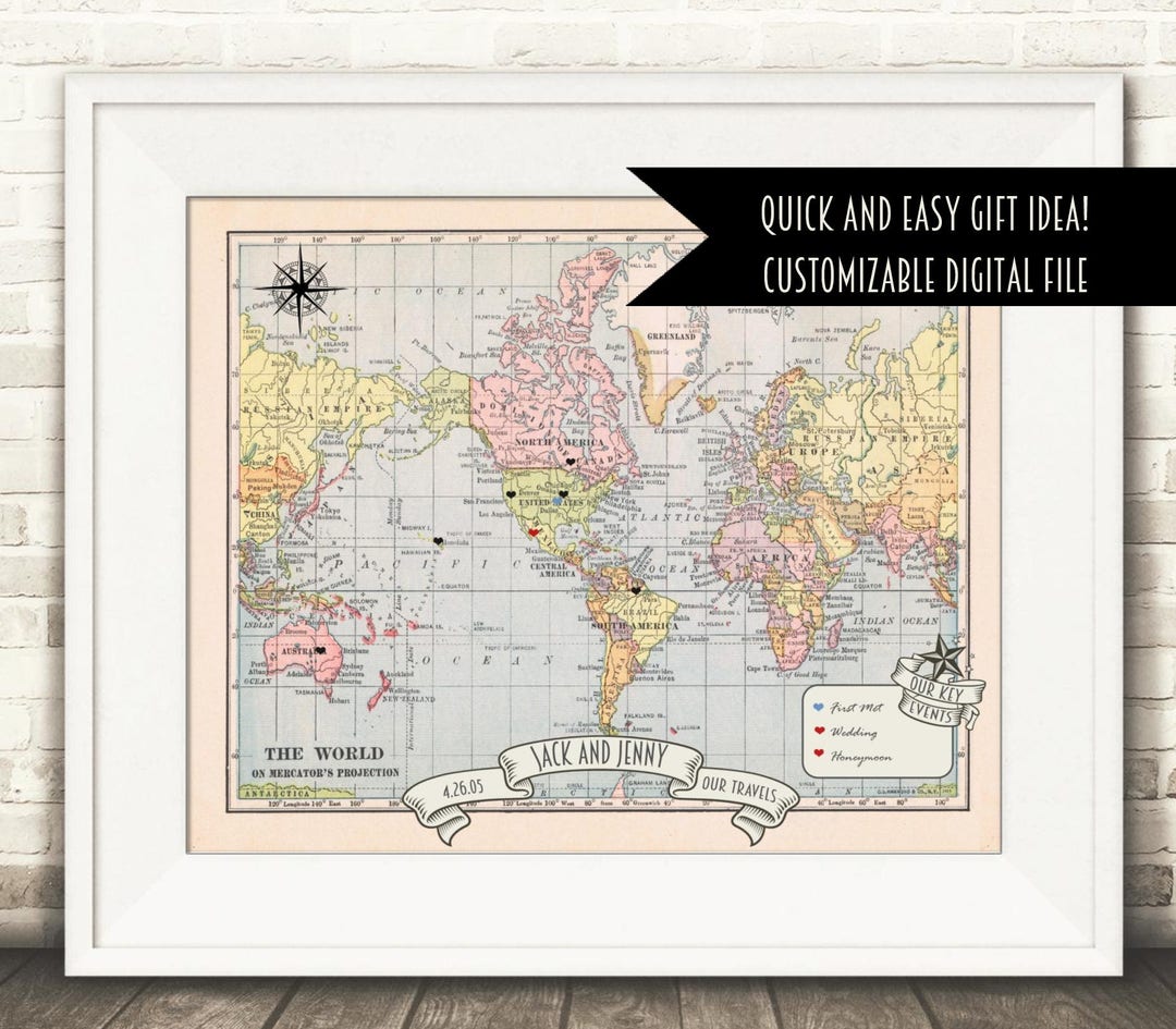 World Map Print, Custom World Map, World Map Anniversary Print, Map ...