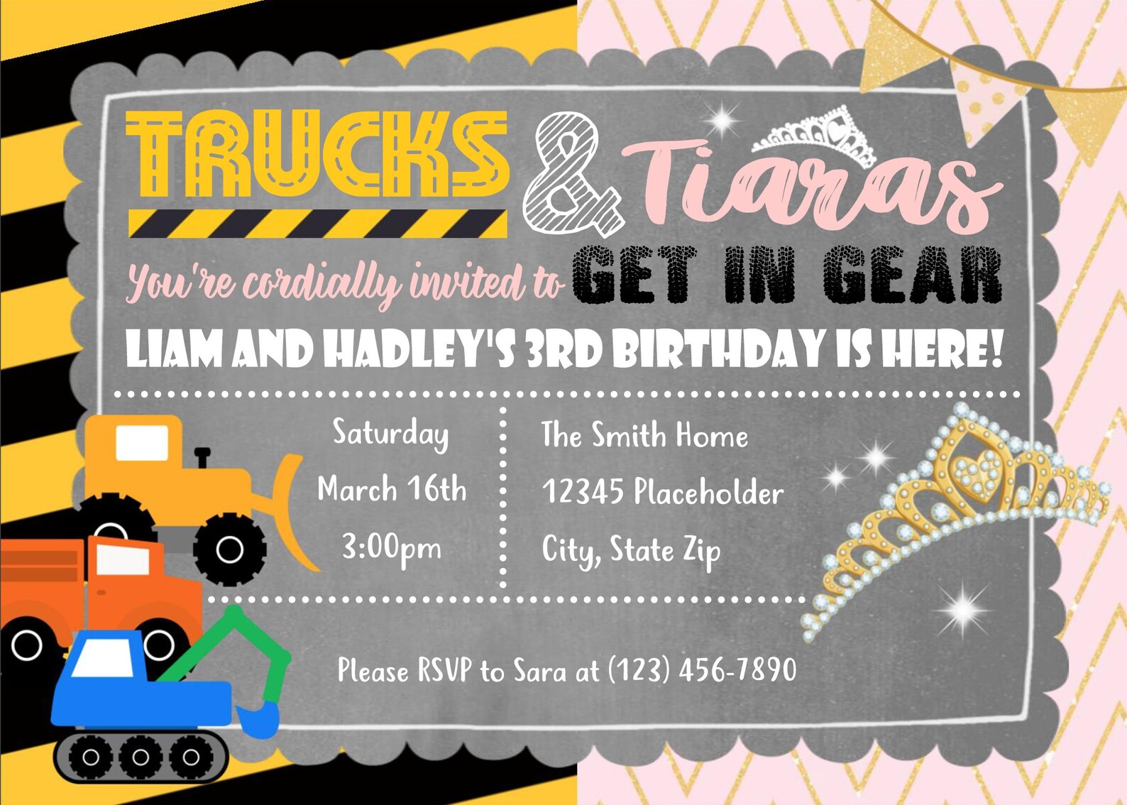Trucks and Tiaras, Trucks Invite, Tiara Invite, Sibling Invite, Sibling ...