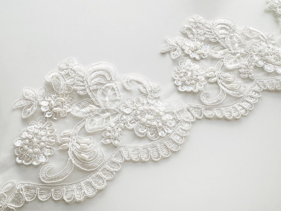 011 | off White Alencon Beaded Lace Trim | Light Ivory Scalloped Lace ...