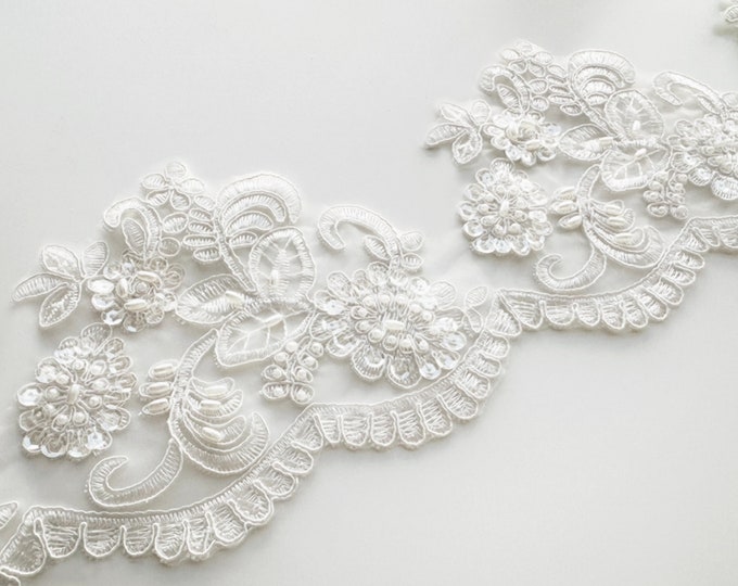 011 | off White Alencon Beaded Lace Trim | Light Ivory Scalloped Lace ...