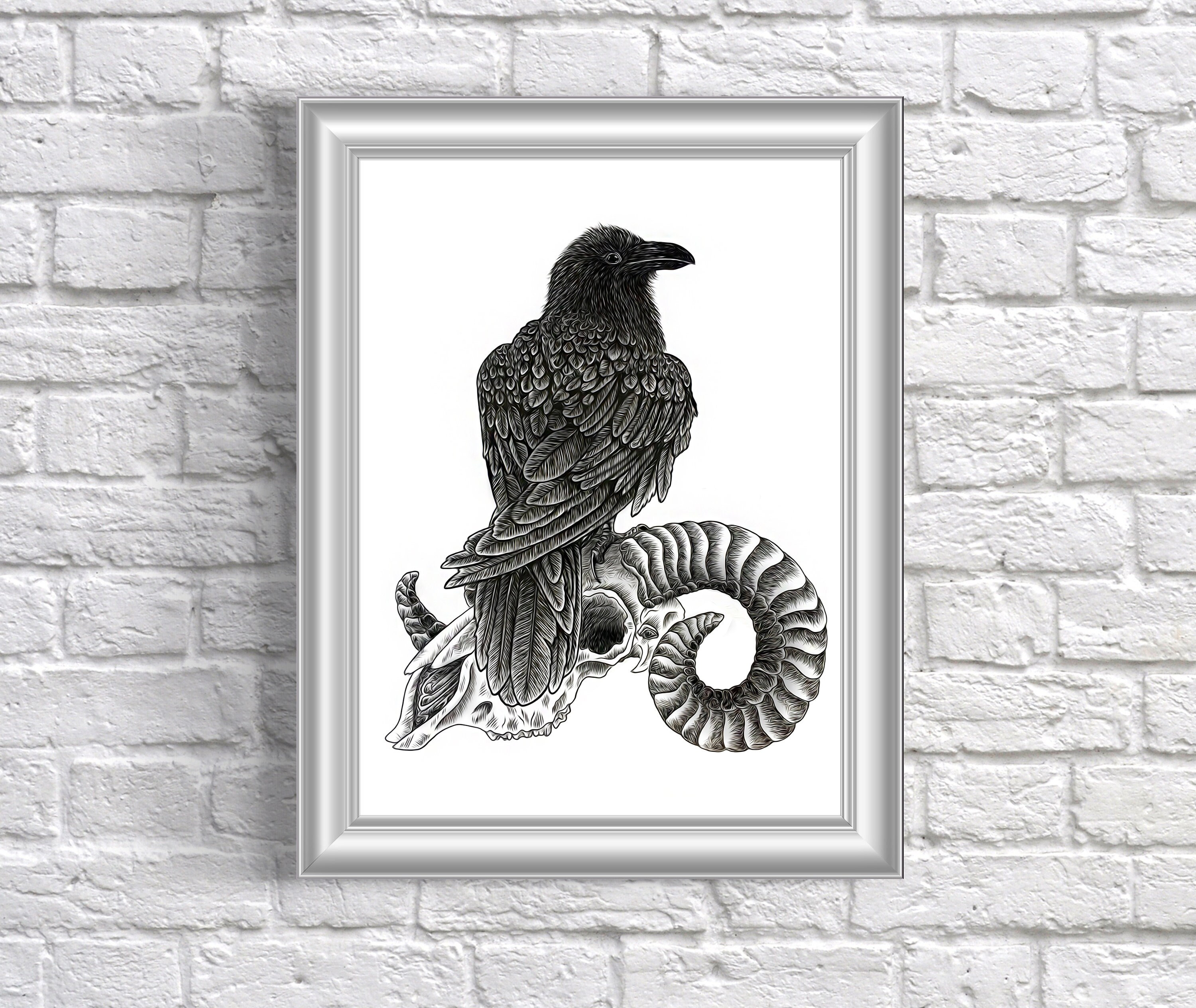Raven on Ram Skull Tattoo Flash Style Fine Line Black and White ...