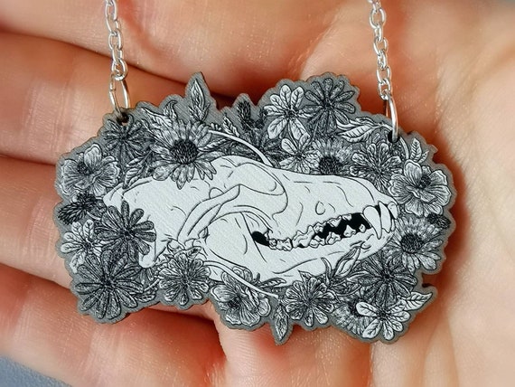 Peaceful Wolf Skull Flower Wooden Necklace Animal Skull | Etsy