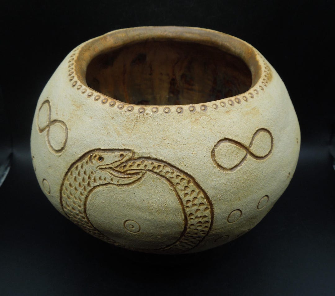 Hand Built Clay Cauldron: Etched Serpent, Stars, Moon, Goddess - Etsy