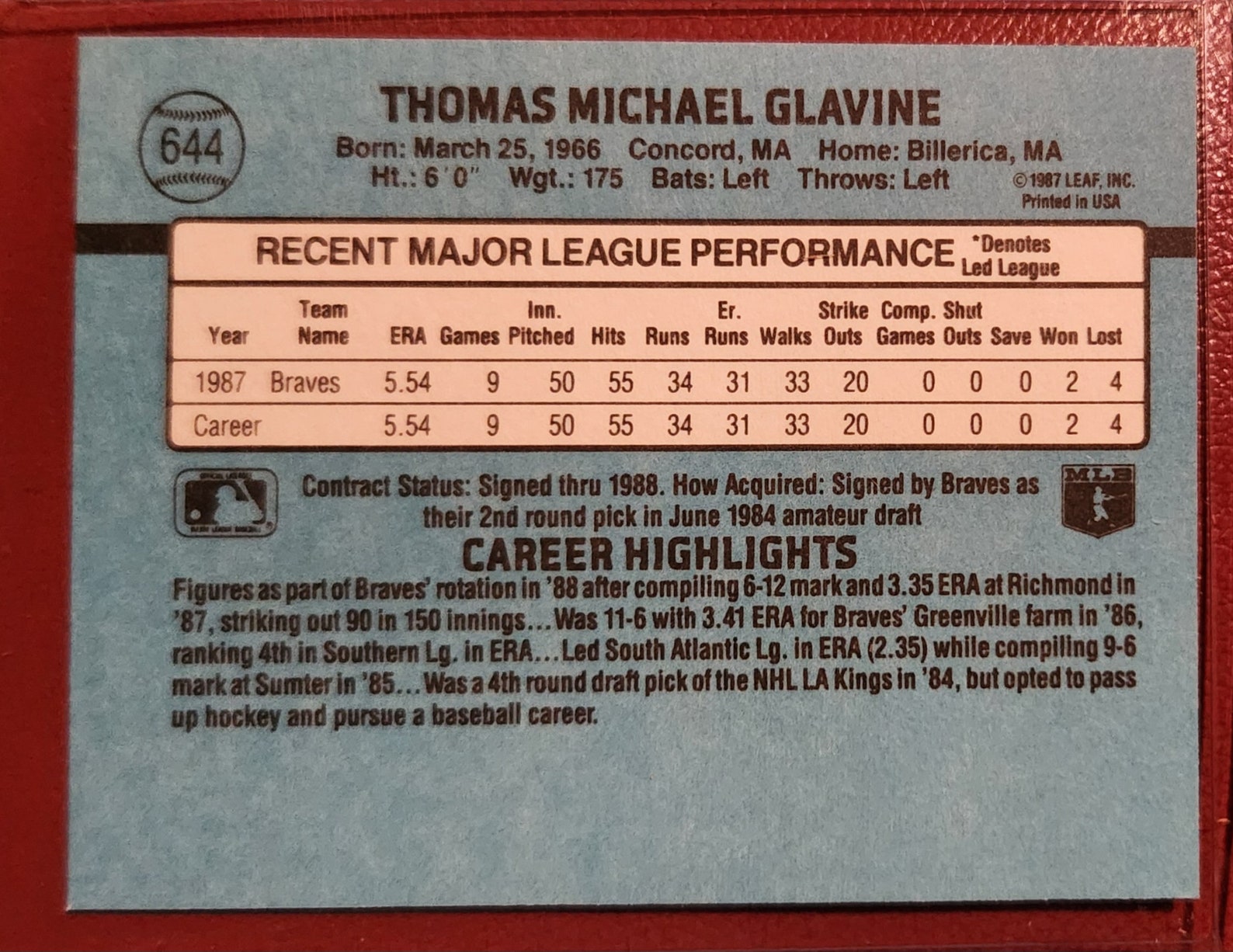 1987 Donruss #644 Tom Glavine Rookie Card - Etsy