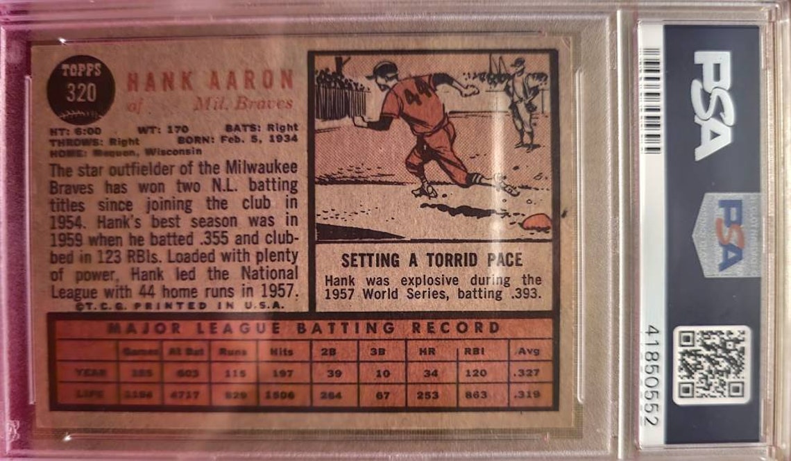 1962 TOPPS Hank Aaron PSA Rated Baseball Card #320 5 - EX - Etsy