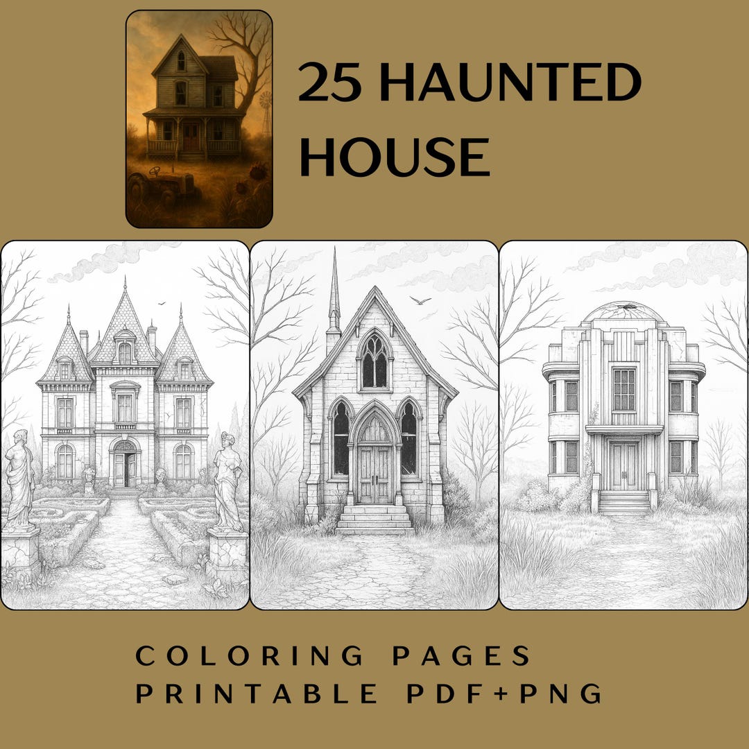Haunted House Coloring Book: 25 Spooky Grayscale Pages (PDF + PNG ...