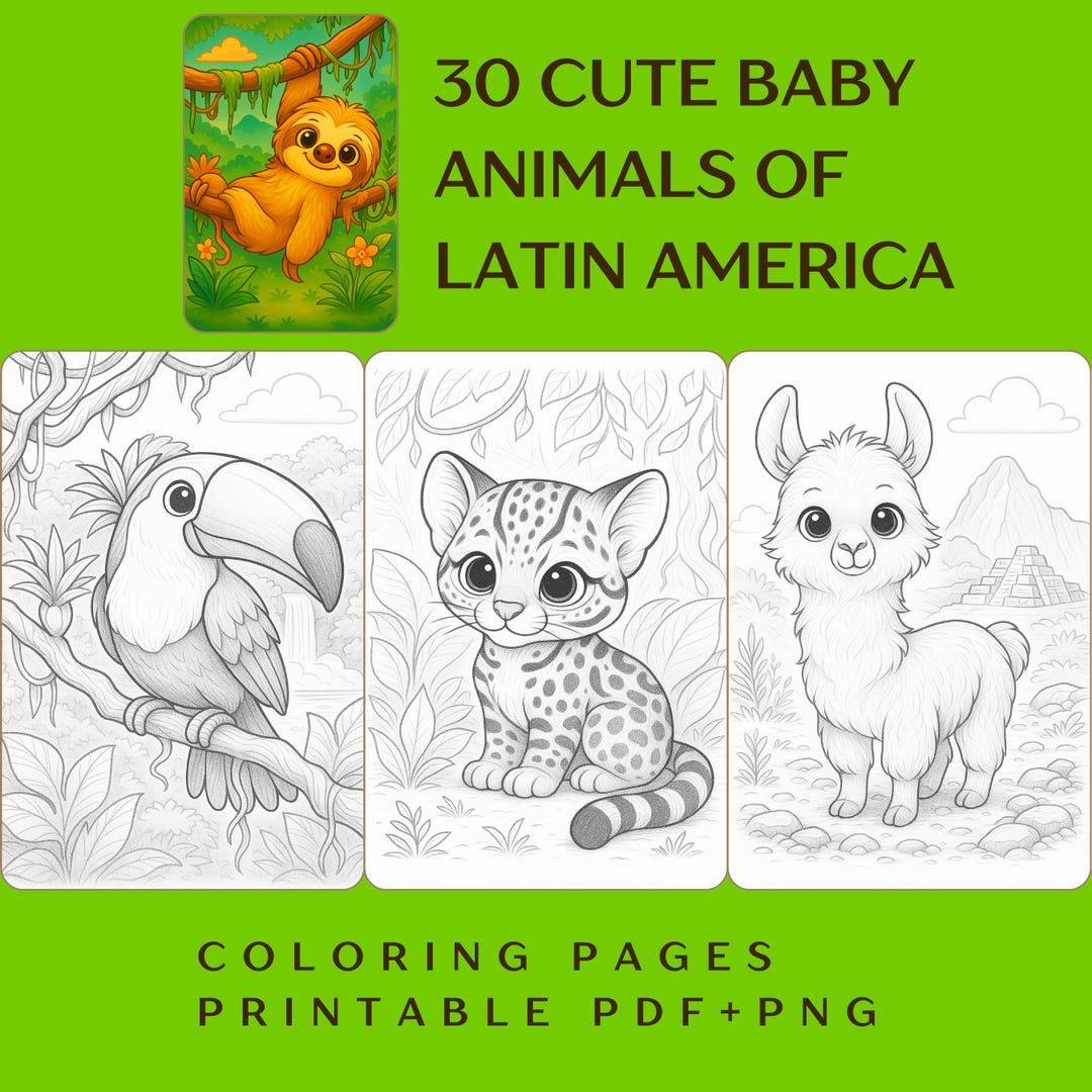 Baby Animals Coloring Book: Latin America Wildlife, Grayscale PDF & PNG ...