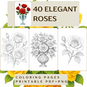 Elegant Roses Coloring Book: 40 Grayscale Botanical Art Pages (PDF ...