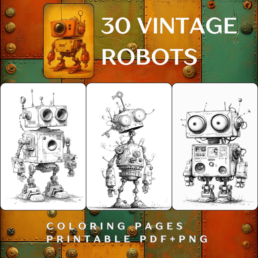 Vintage Robots 30 Coloring Pages | Retro Futuristic Robots for Adults | Printable PDF + PNG - Etsy