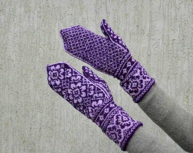Purple shades Scandinavian style Mittens Hand Knitted Warm Wool Mittens ...
