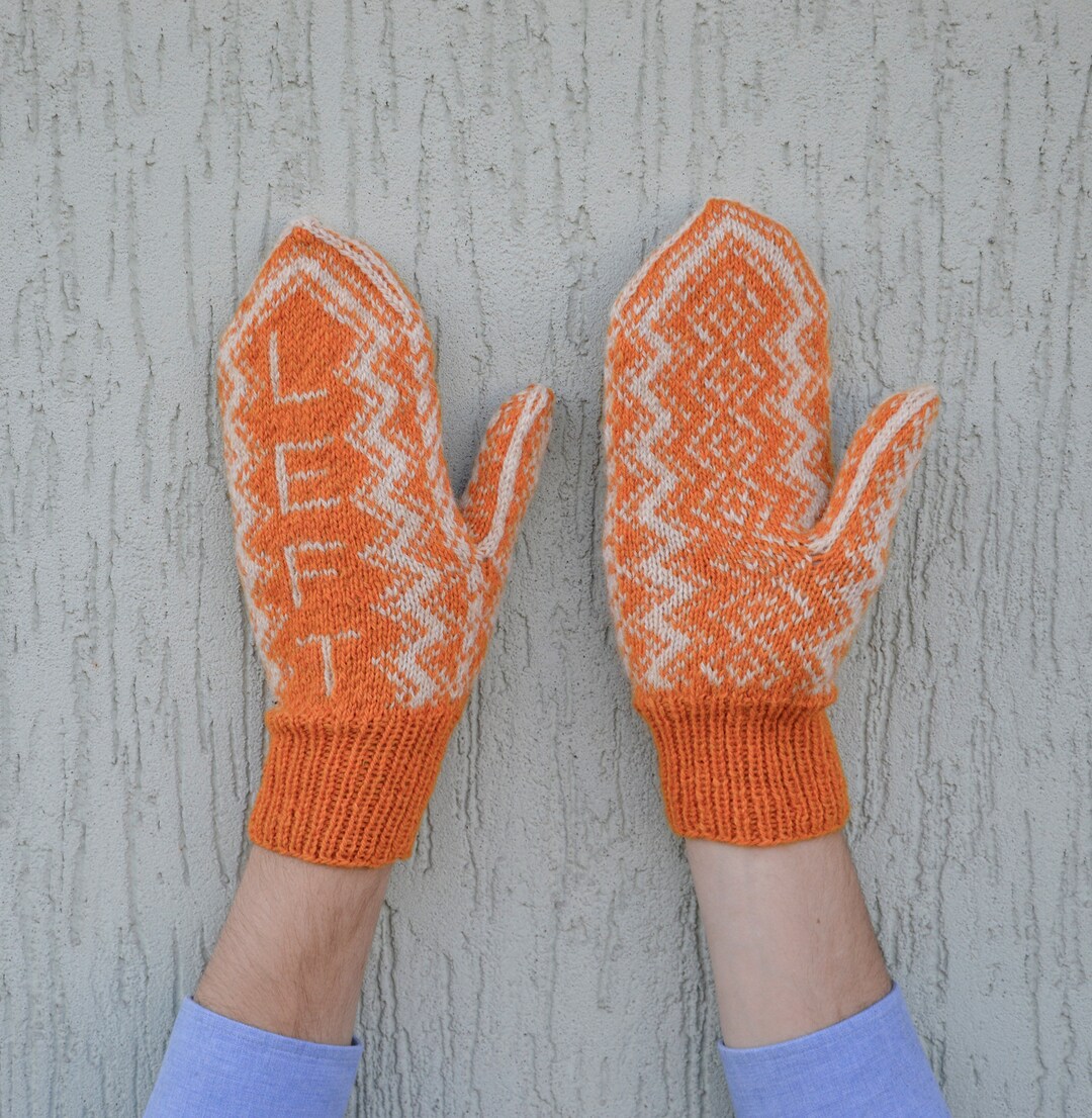 Gift for New Driver, Left Right Black Pink Hand Knitted Mittens. Orange ...