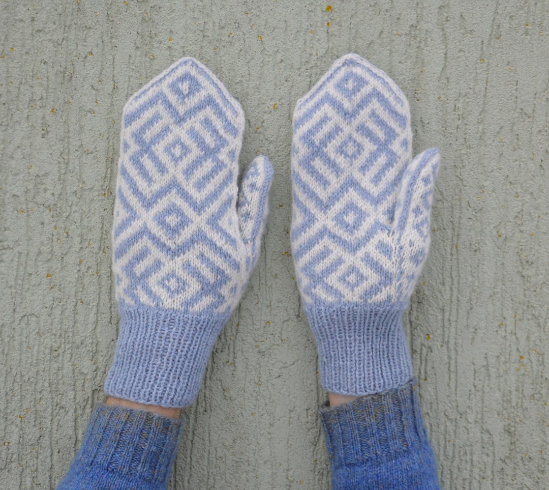 Light Blue White Hand Knitted Mittens, Wool Mittens - Etsy