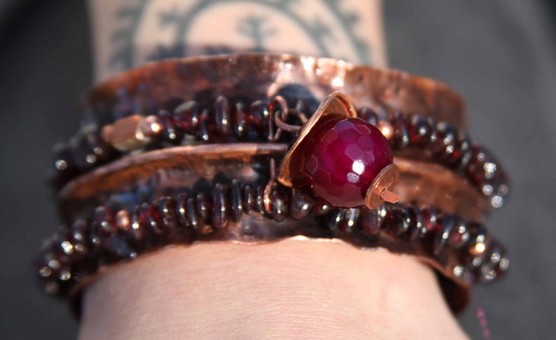 Copper cuff bracelet with garnetstatement boho braceletgift | Etsy